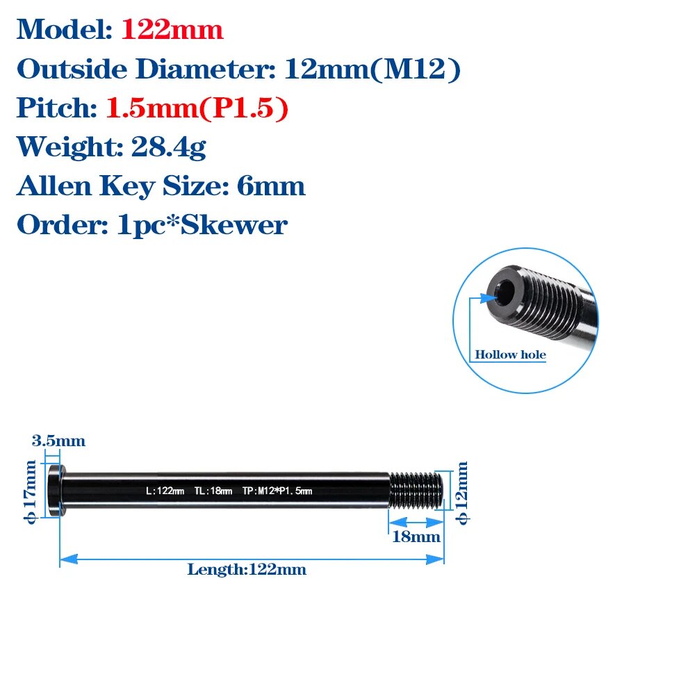 Skewers 122mm M12*1.5mm 6mm Allen Key 1PC