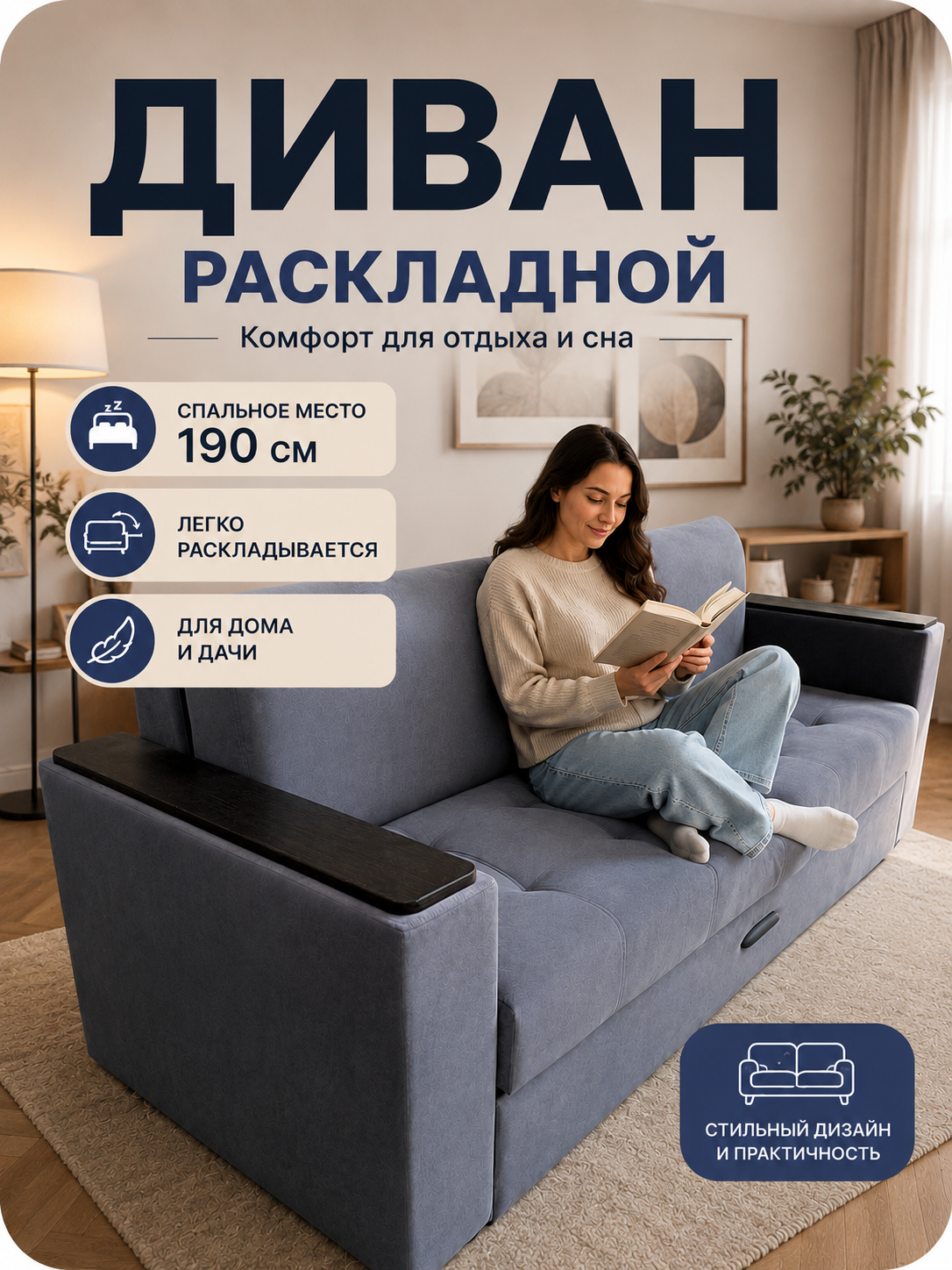 Диван-кровать раскладной 230х105х83 см, спальное место 190х150 см, велюр, темно-серый