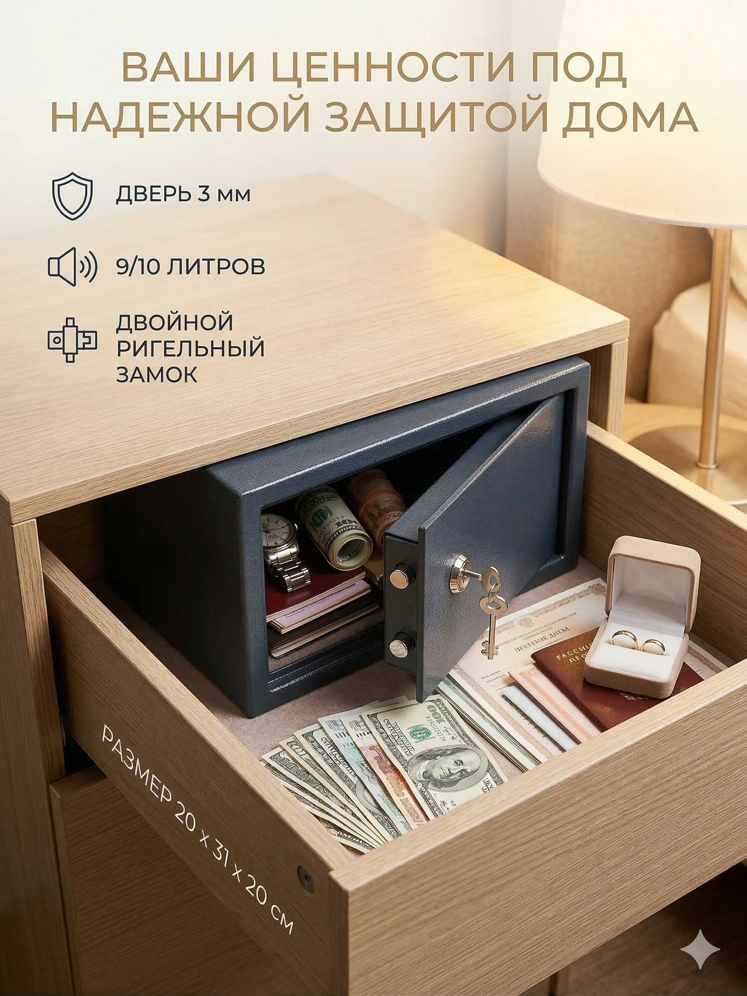 Сейф для денег и документов маленький с ключом, 9/10 л