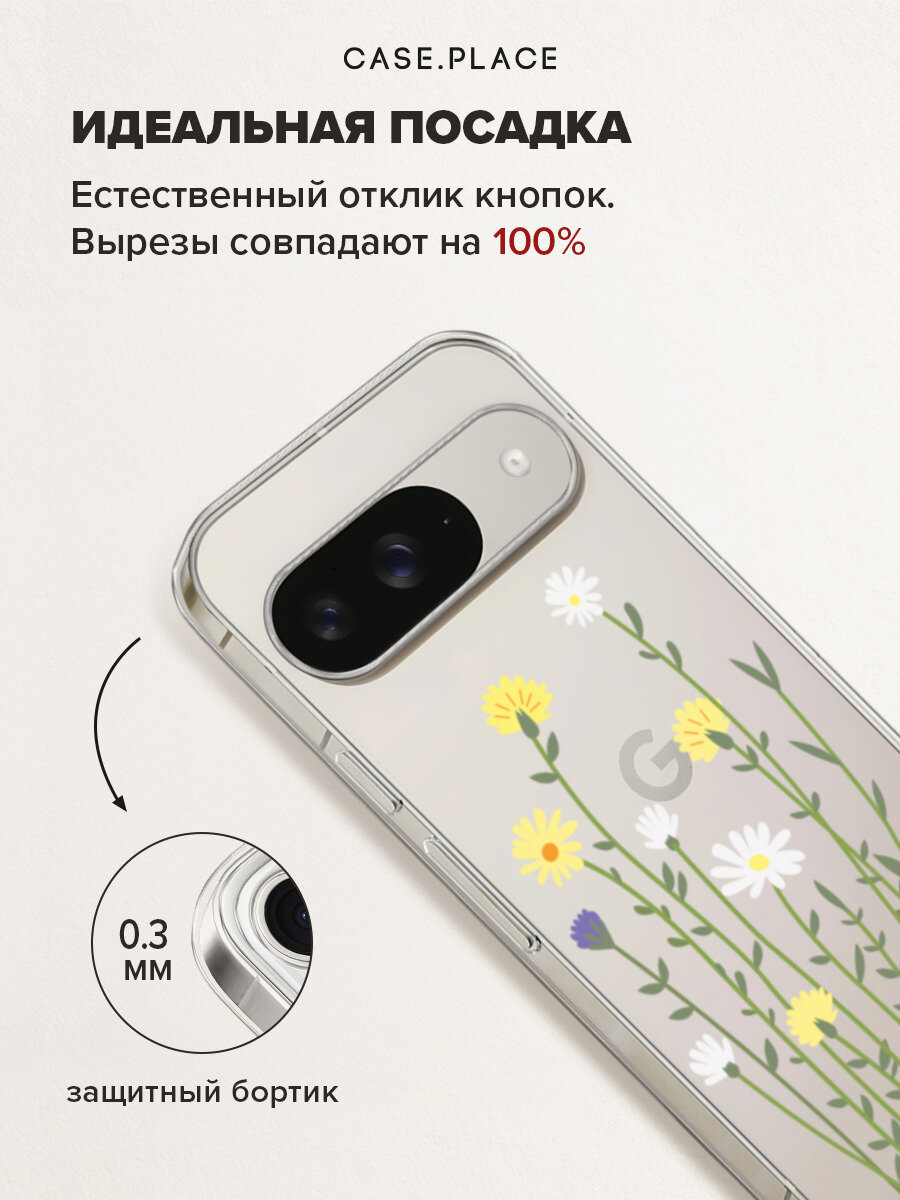 Чехол на Google Pixel 9 / Гугл Пиксель 9 с принтом "Пучок полевых цветов", прозрачный — фото 1