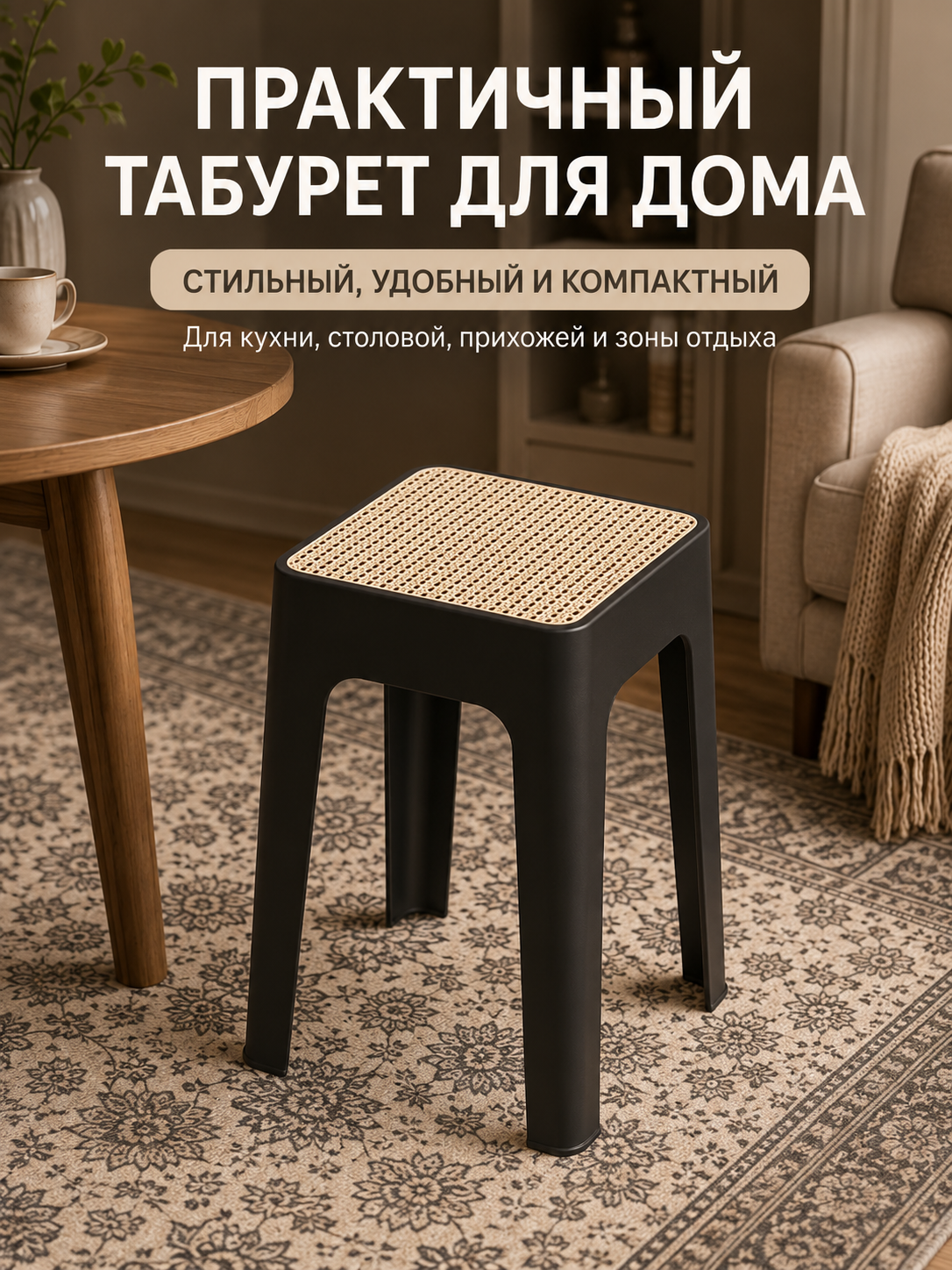Табурет кухонный с сиденьем под ротанг, пластиковый стул для кухни и дома, 2 шт, 33×28,5×47 см