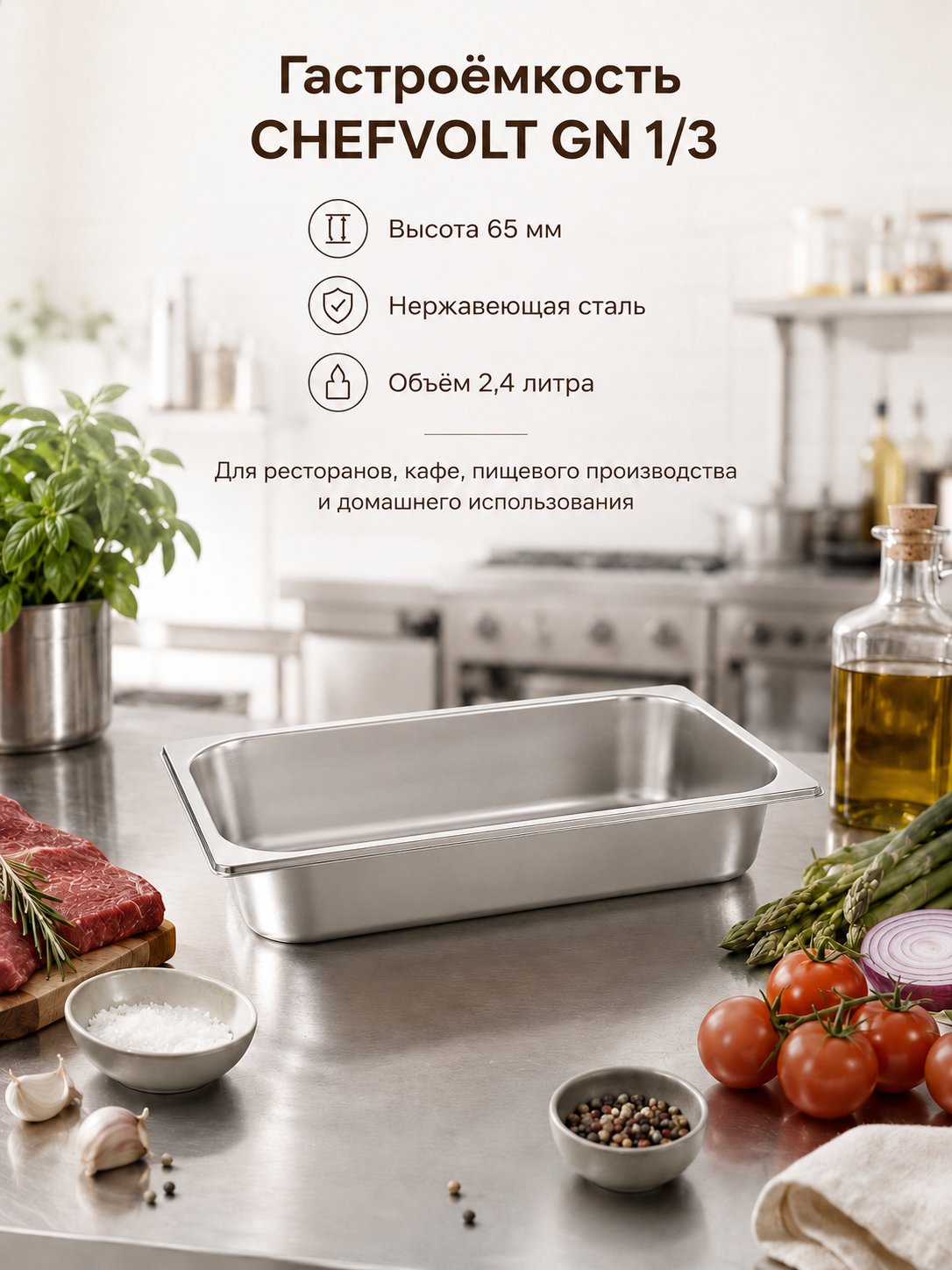 Гастроемкость GN 1/3-65 мм нержавеющая сталь CHEFVOLT