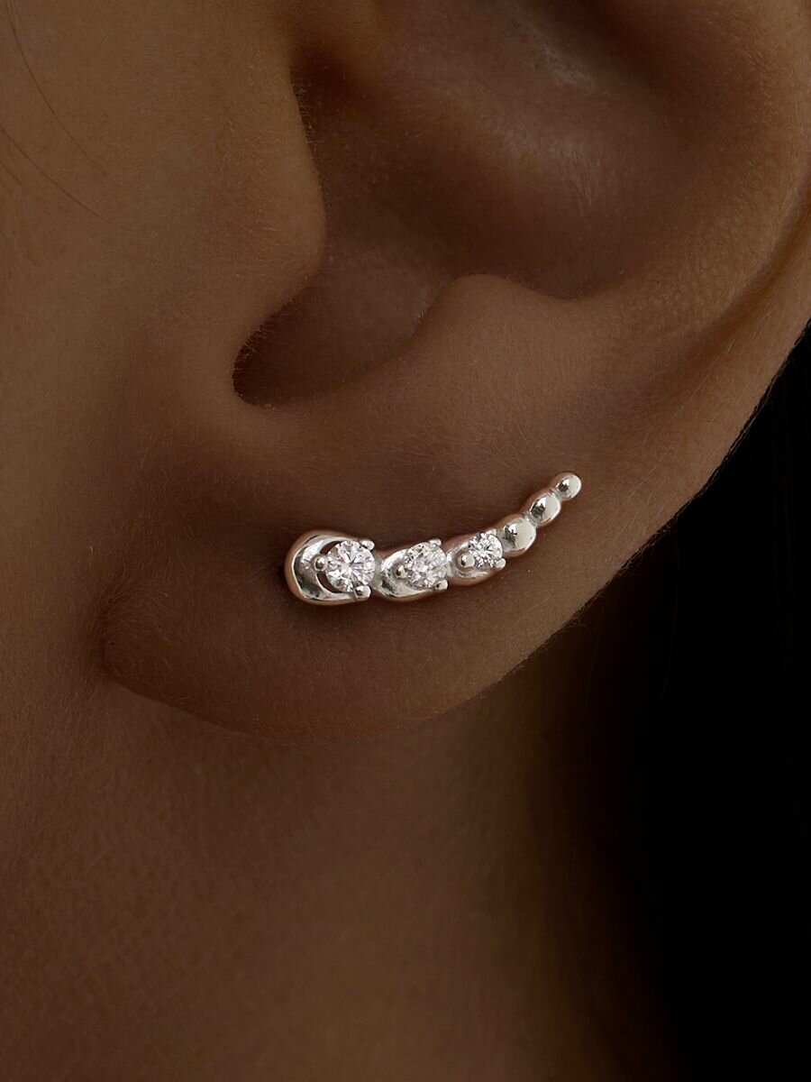 Серьги клаймберы, серебро, 925 проба, родирование, фианит