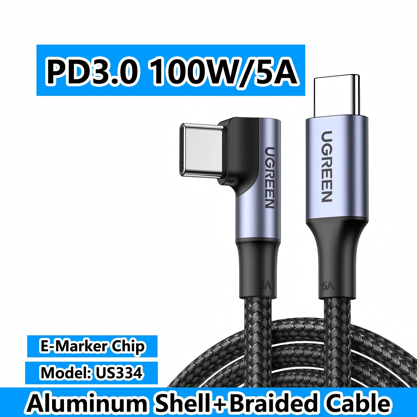 Кабель UGREEN 60W USB Type-C - Type-C с быстрой зарядкой PD, плетеный, для 2 м, Elbow PD100W 5A