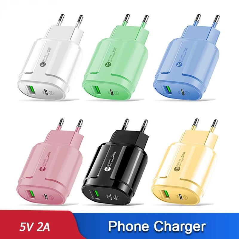 Зарядное Устройство USB-C PD 20 Вт Для Быстрой Зарядки, Цвет Макарон, С Двумя Портами, Настенное/дорожное