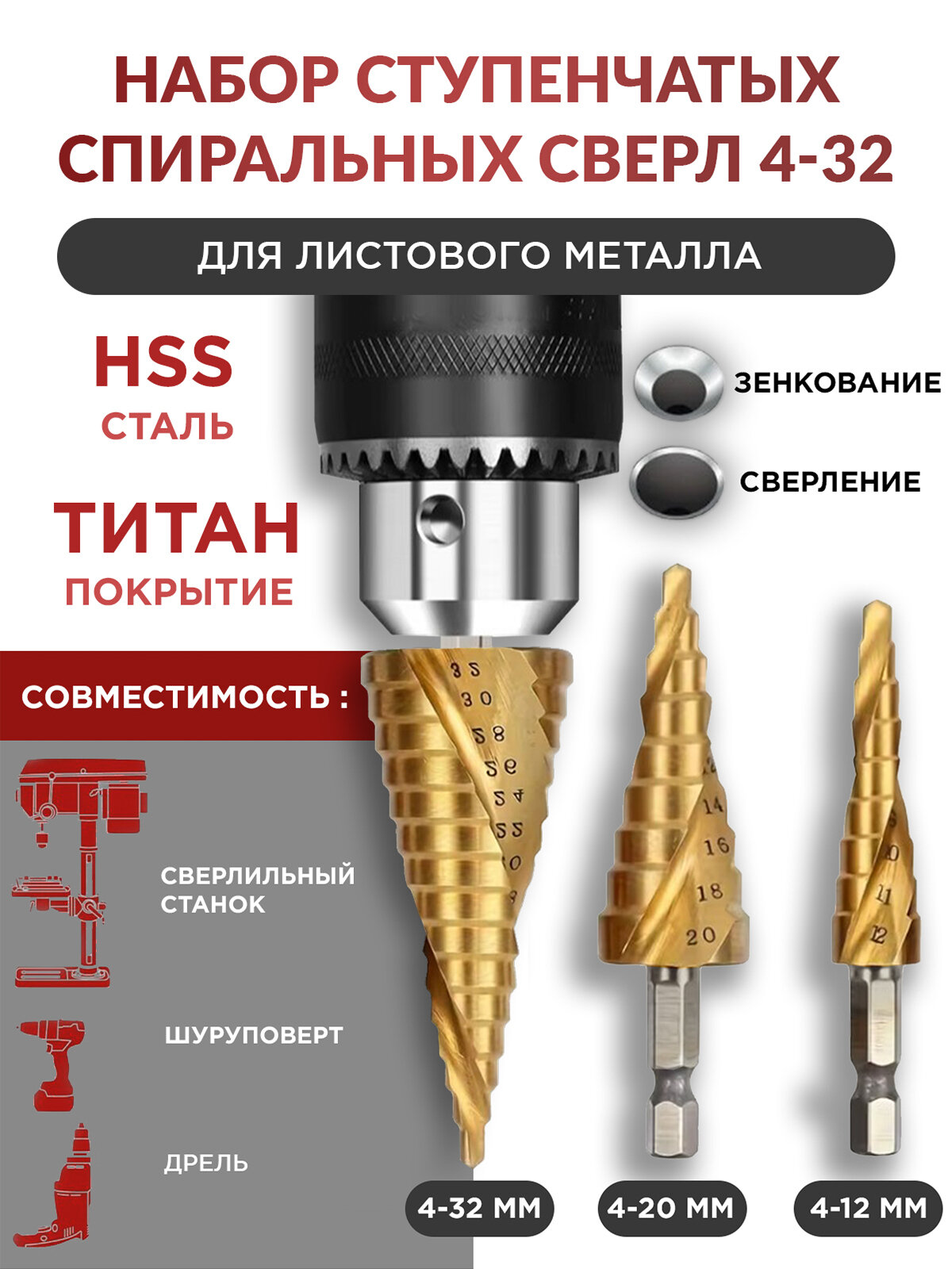 Сверло ступенчатое по металлу 4-12, 4-20, 4-32. Конусные сверла по металлу набор для шуруповерта.