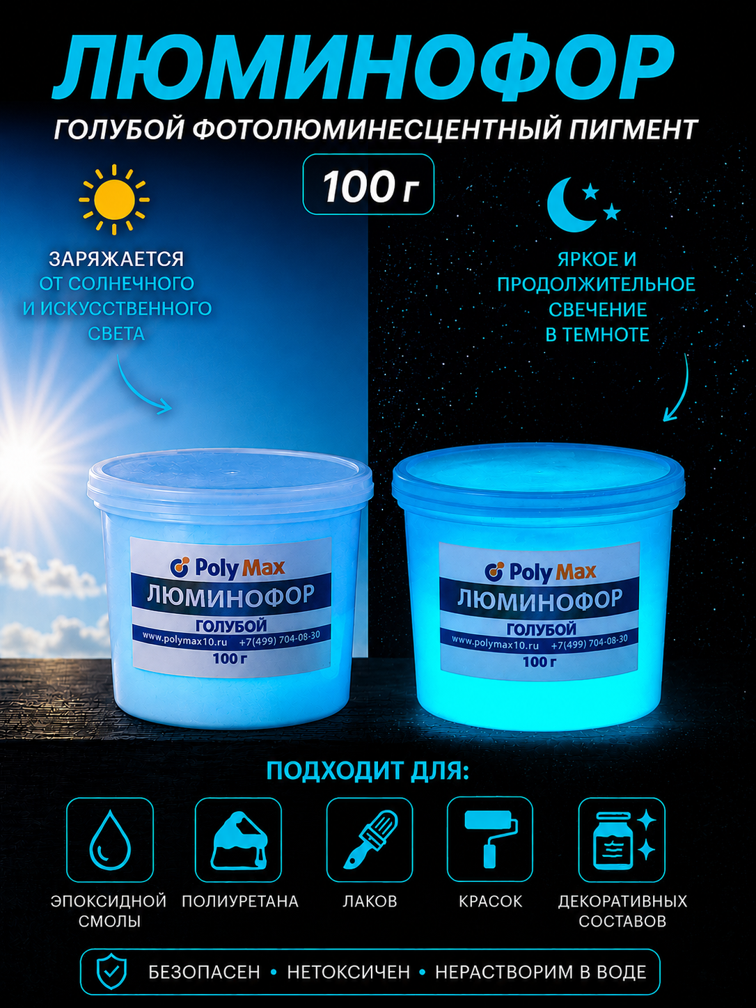Голубой фотолюминесцентный пигмент (люминофор) 100 грамм PolyMax