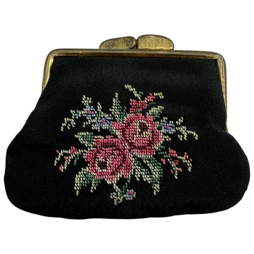 Кошелек монетница "Розы", 9*7 см, вышивка, ткань, 1950-1960 гг, Европа