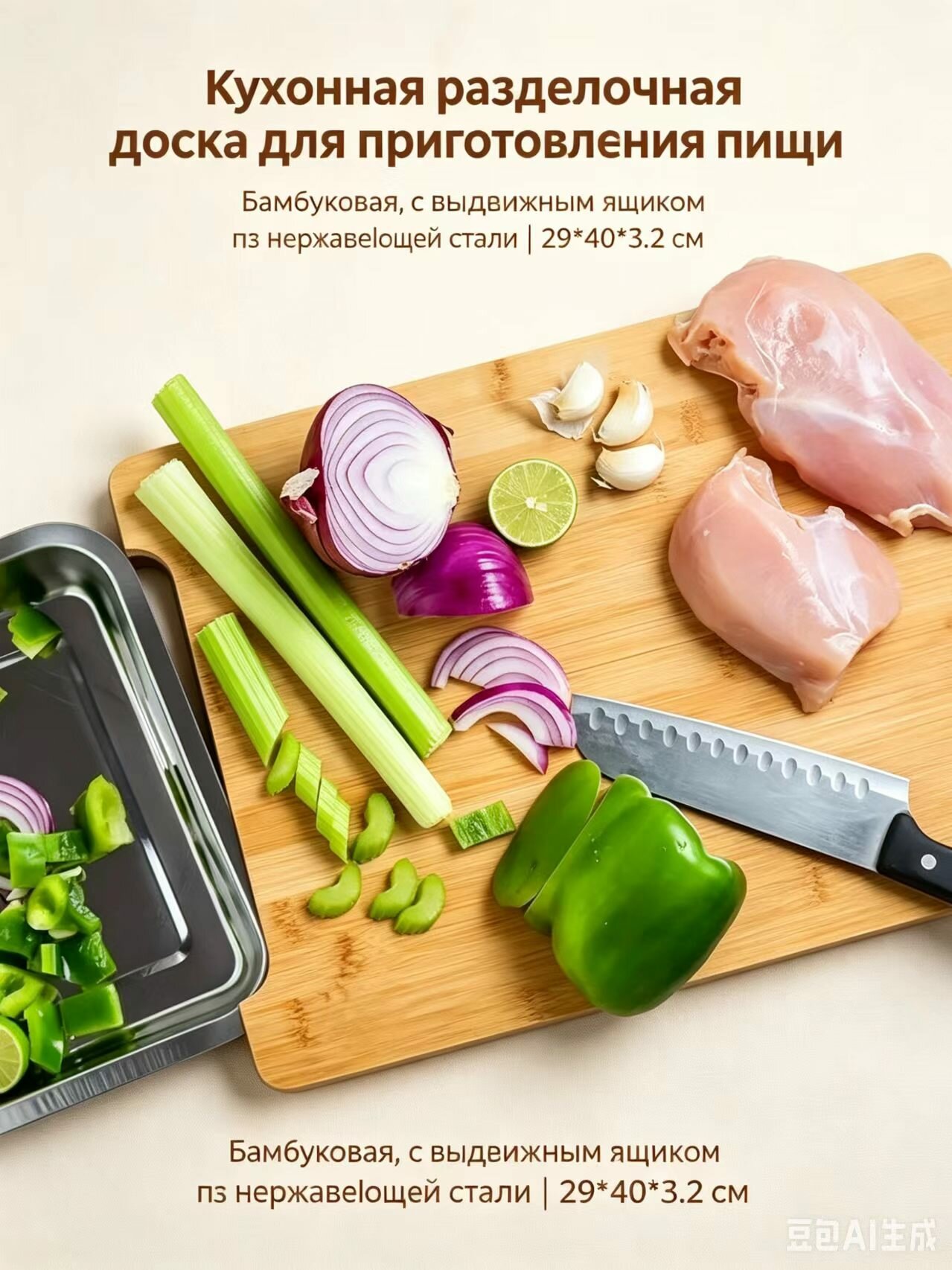 Кухонная разделочная доска для приготовления пищи, бамбуковая, с выдвижным ящиком для хранения,29*40*3.2 см