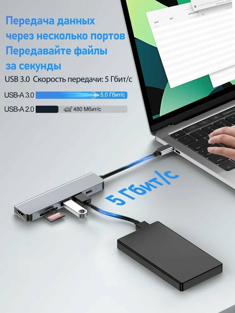 USB-хаб Type-C HUB 6 портов с HDMI, USB 3.0, USB 2.0, Type-C PD, MicroSD, SD концентратор, разветвитель для ноутбуков и смартфонов
