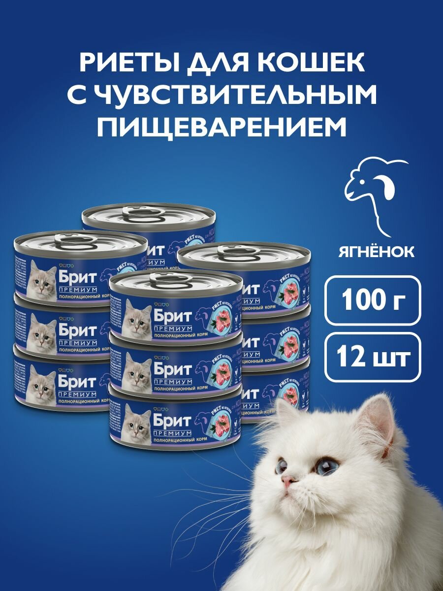 Корм для взрослых кошек с чувствительным пищеварением влажный, Брит Премиум риет из ягненка, 100 г х 12 шт