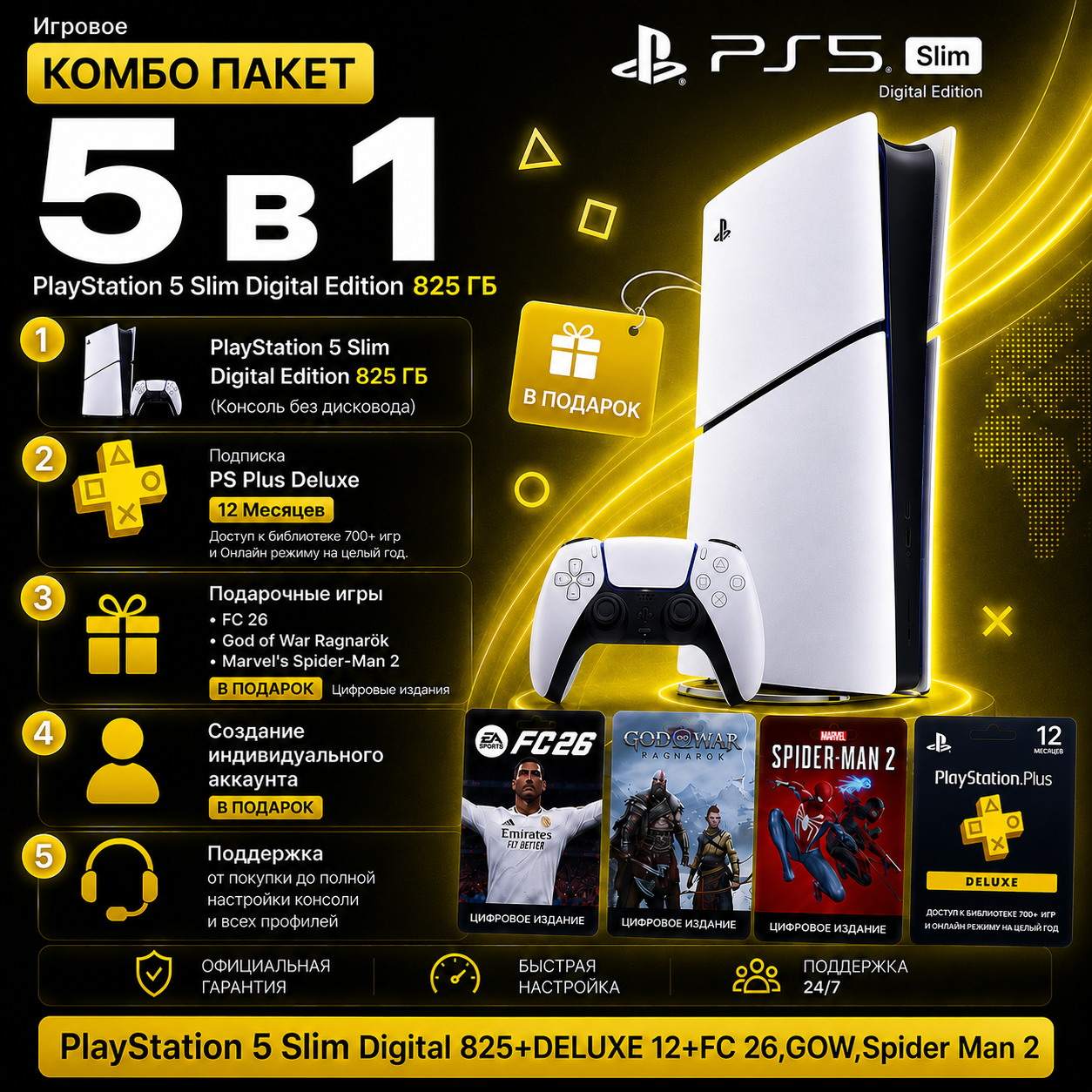 Игровая приставка Sony PlayStation 5 Slim Digital Edition, без дисковода,825 ГБ+PS Plus Deluxe 12+FC 26+GOW+Spider-Man2