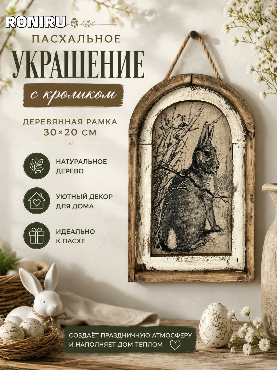 Пасхальное украшение с кроликом — деревянная рамка 30x20 см, декор для дома, настенное украшение, праздничный декор