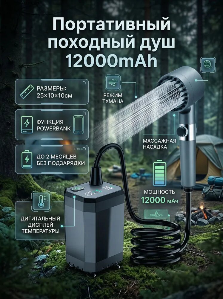 Портативный походный душ 12000 mAh с функцией Powerbank, размеры 25х10х10см