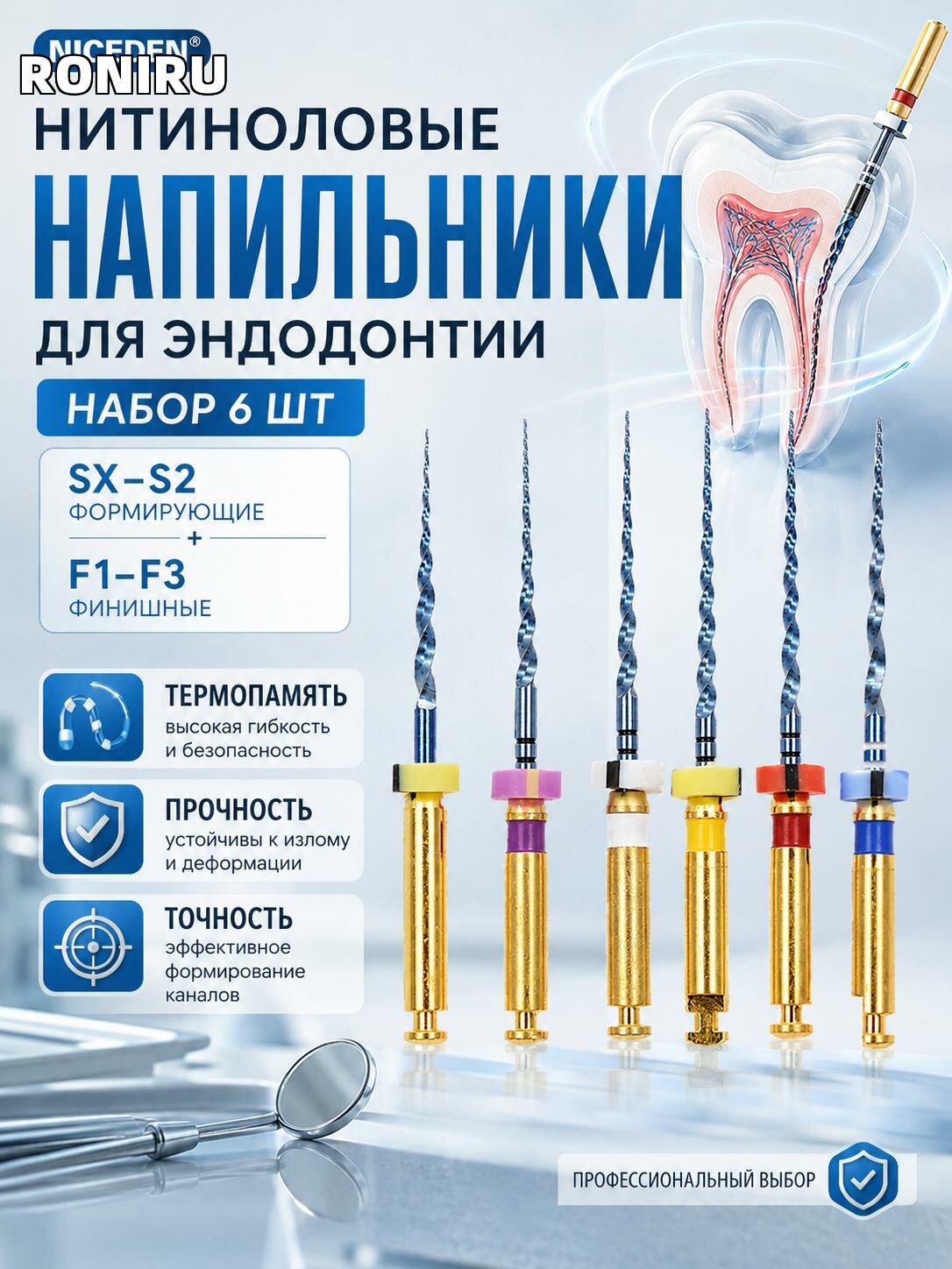 Набор нитиноловых напильников NICEDEN для эндодонтии — 6 шт формирующие SX–S2 и финишные F1–F3, с термопамятью