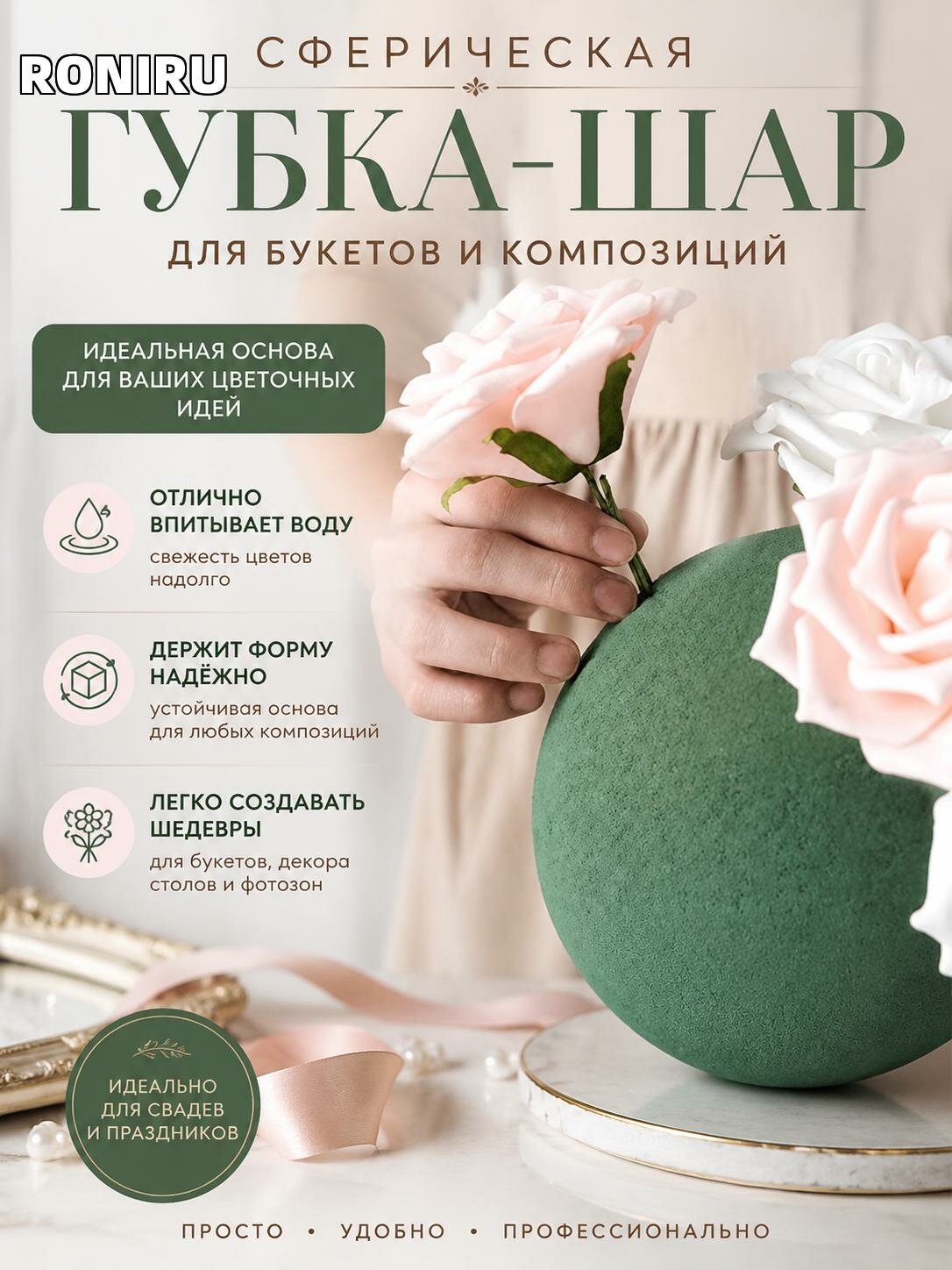 Сферическая губка для свадебных букетов и композиций — водопоглощающий пенный шар для декора столов и фотозон.
