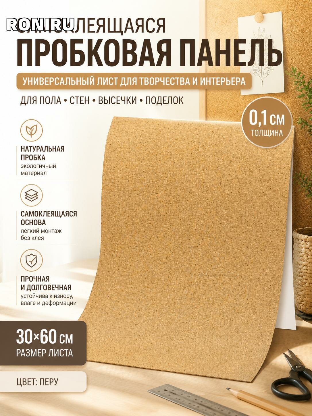 Самоклеящаяся пробковая панель 30x60 см — лист для пола, стен, высечки и поделок, прямоугольная, цвет Перу, 0,1 см