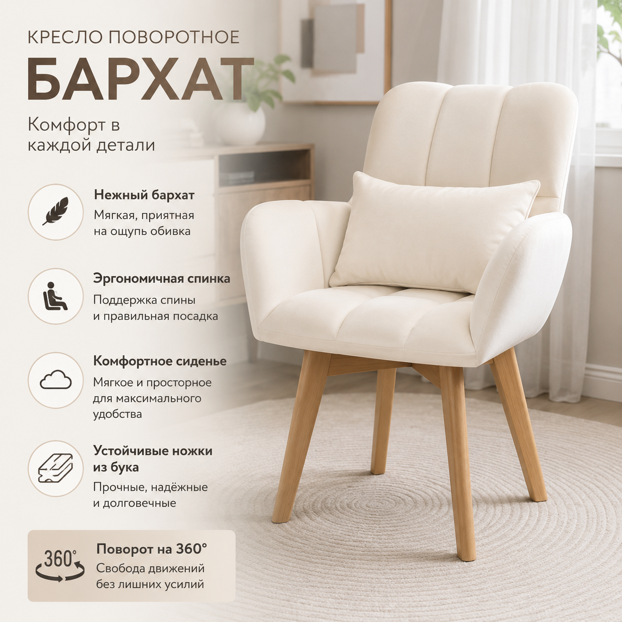 Вращающееся кресло из бархата бежевого цвета, мягкое стул с подушкой для гостиной и кабинета, 1 шт. — фото 1