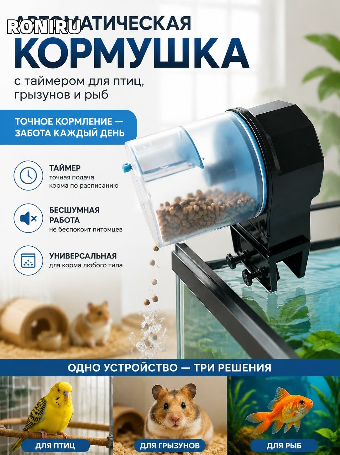 Автоматическая кормушка для птиц, грызунов и аквариумных рыб с таймером — бесшумный универсальный дозатор корма