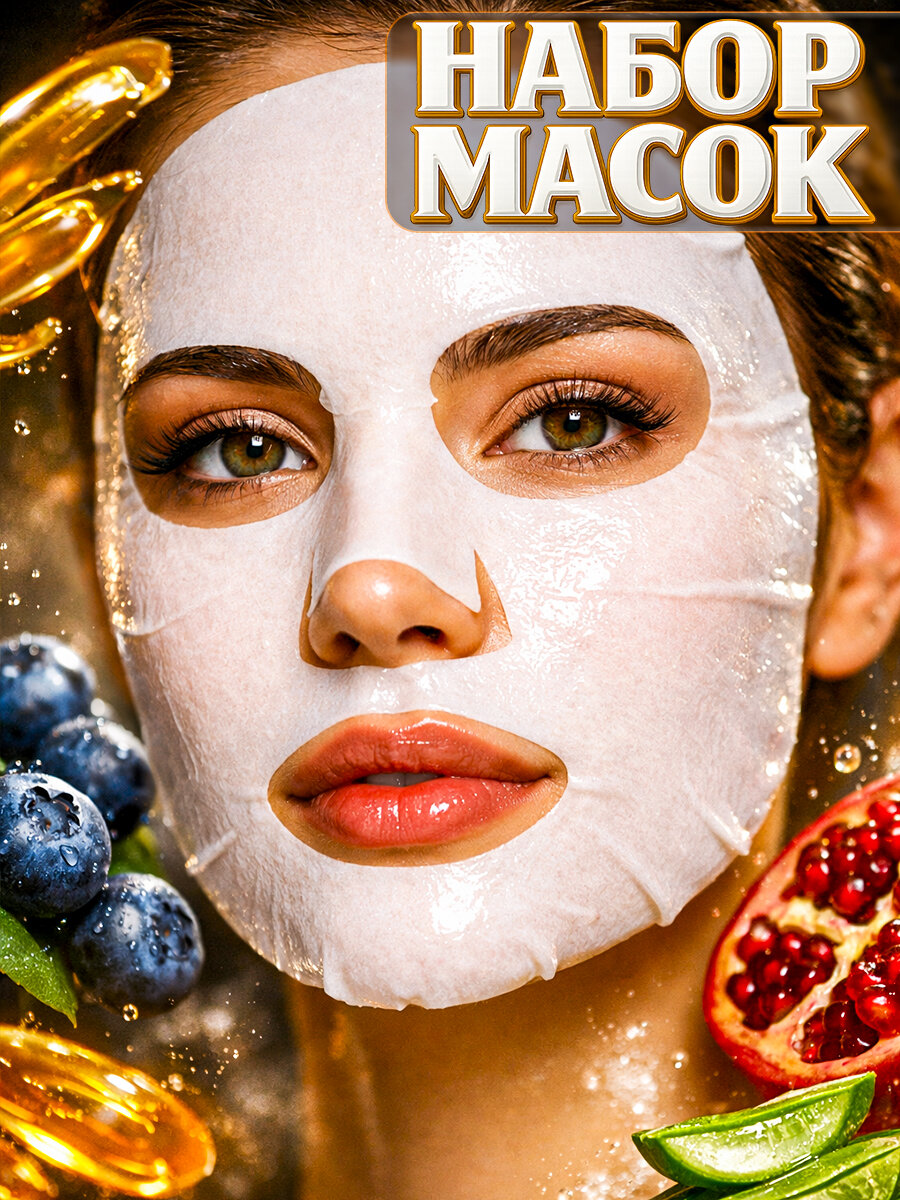 Набор тканевых масок для лица, 4 шт. Маски для лица тканевые увлажняющие (гранат, мёд, алое, черника)
