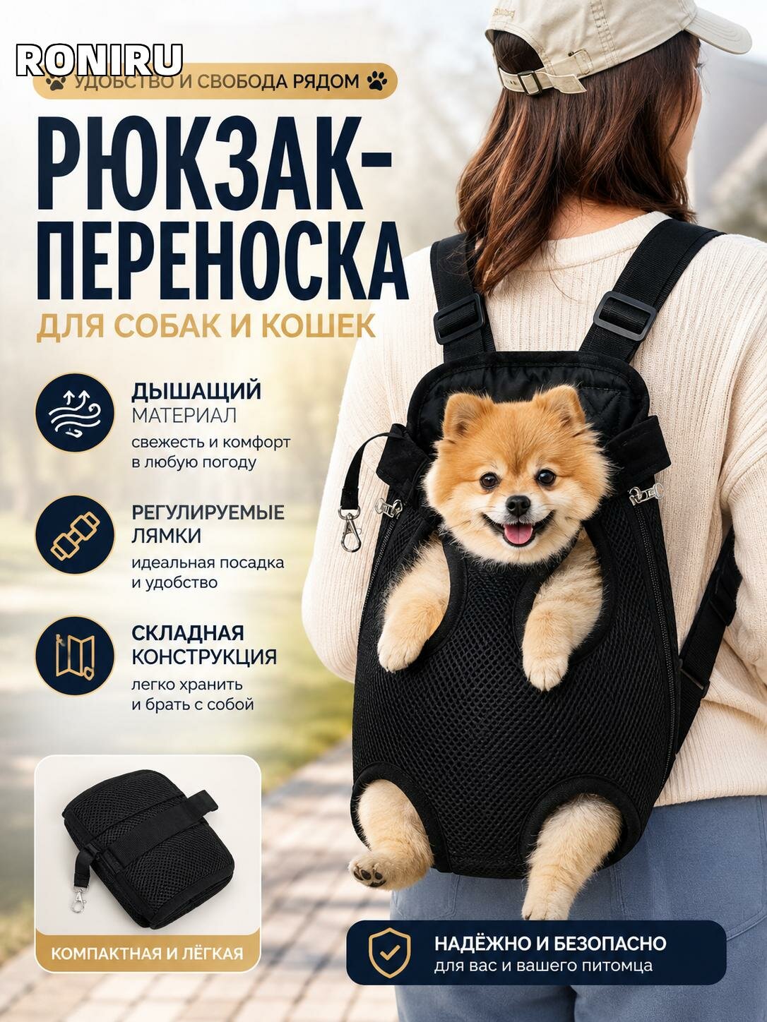 Рюкзак-переноска для собак и кошек — дышащая сумка-кеннель с регулируемыми лямками, передняя/задняя носка, складная