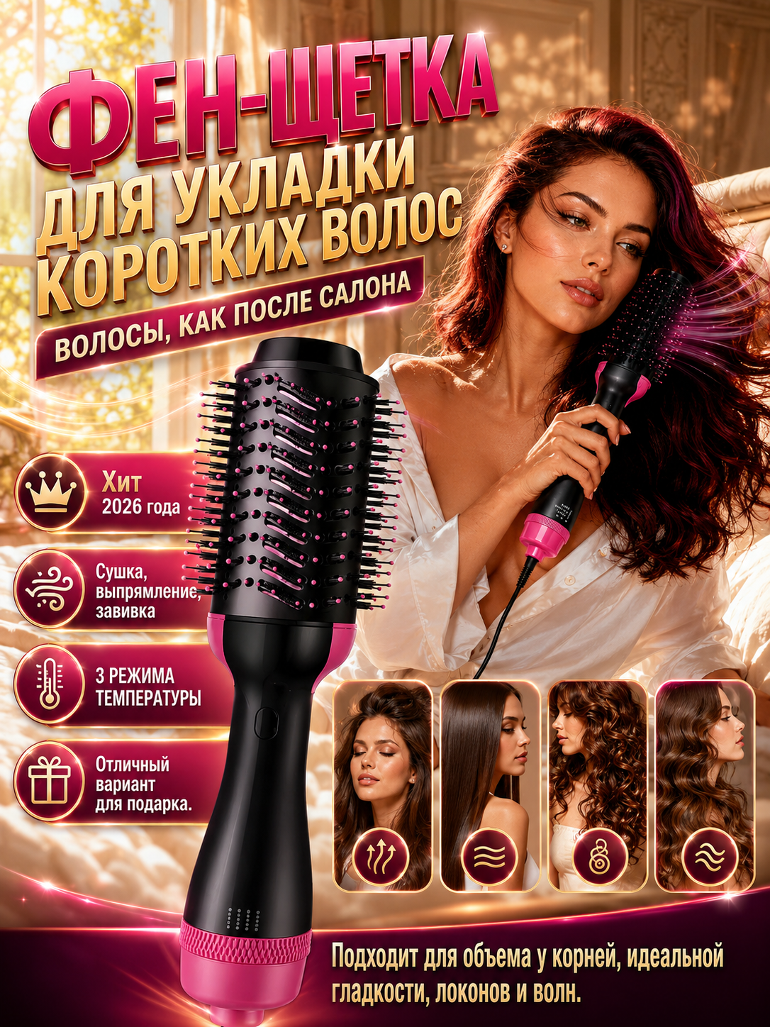 Фен-щетка для волос / Расческа с ионизацией One Step Фен-щётка (расчёска-фен) для волос Hair Dryer 3 в 1