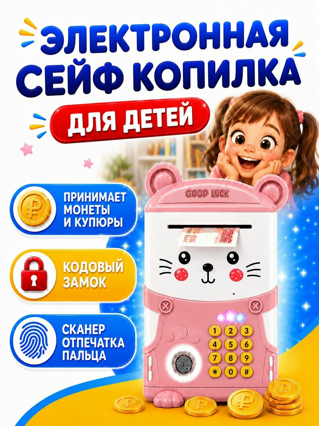 Копилка для денег детская, электронная/Мышка с отпечатком пальца, интерактивная