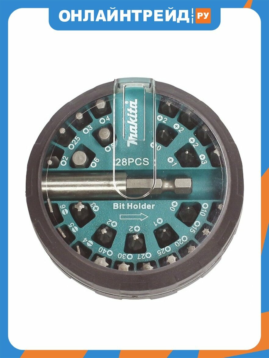 Набор Makita 28шт, биты(Ph-0-3/ Pz-0-3/ SL-4,5,6/ Hex-2,2.5,3,4,5,6/ T-10,15,20,25,27,30,40)+маг держ