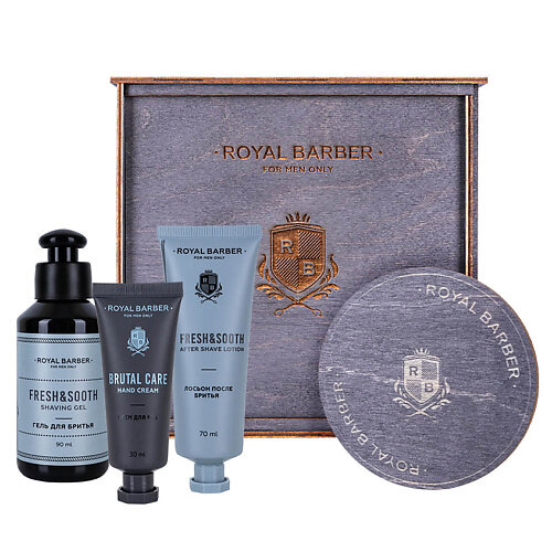 ROYAL BARBER Подарочный набор GREY WOOD, 90 мл + 70 мл + 30 мл + 1 шт