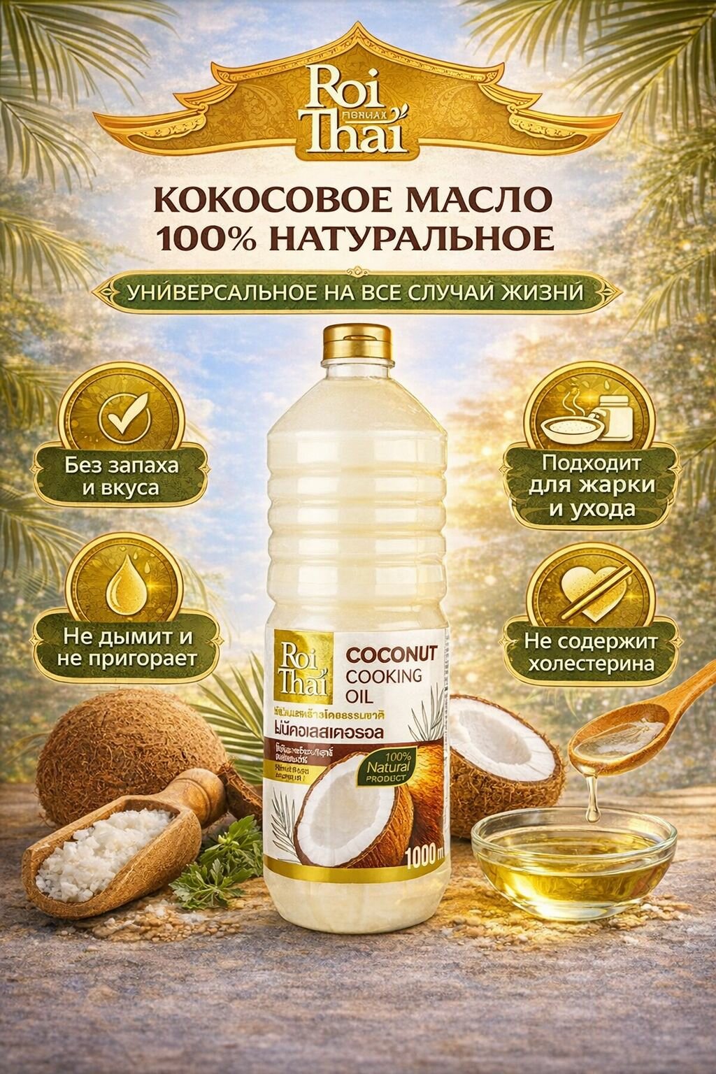 Масло кокосовое раф. 100% roi thai 1000мл