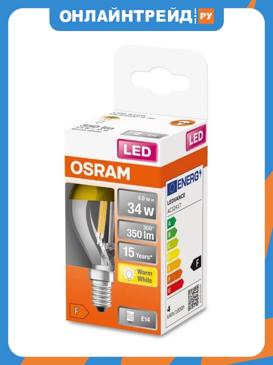 Светодиодная лампа Ledvance-osram Osram LSCL P 34 MIRROR G 4W/827 230V FIL E14 380Lm d45*78