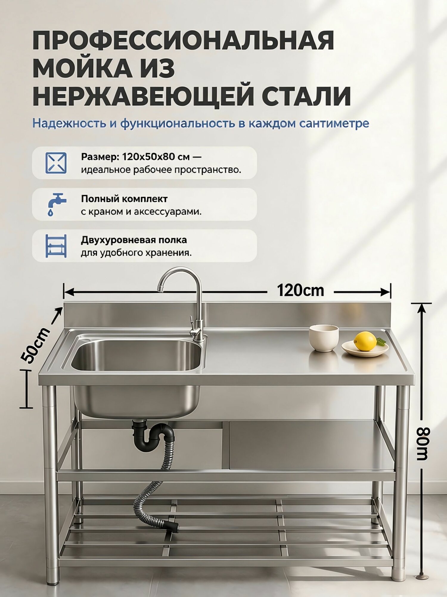 Кухонная раковина, рама из нержавеющей стали 120 * 50 * 80 см, двухэтажные полки с краном