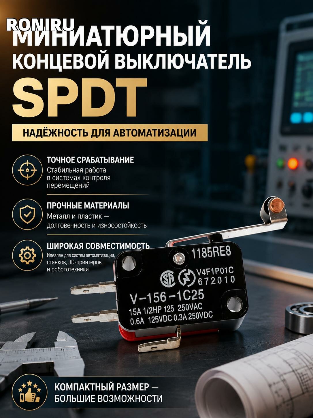Миниатюрный концевой выключатель SPDT, длинный шарнирный роликовый рычаг для систем автоматизации и контроля перемещений, пластик и металл