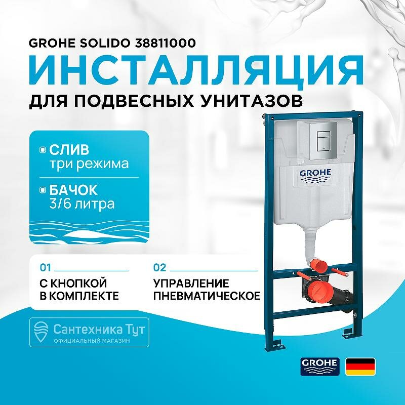Инсталляция для унитаза Grohe Solido 38811000 с бачком и кнопкой смыва хром
