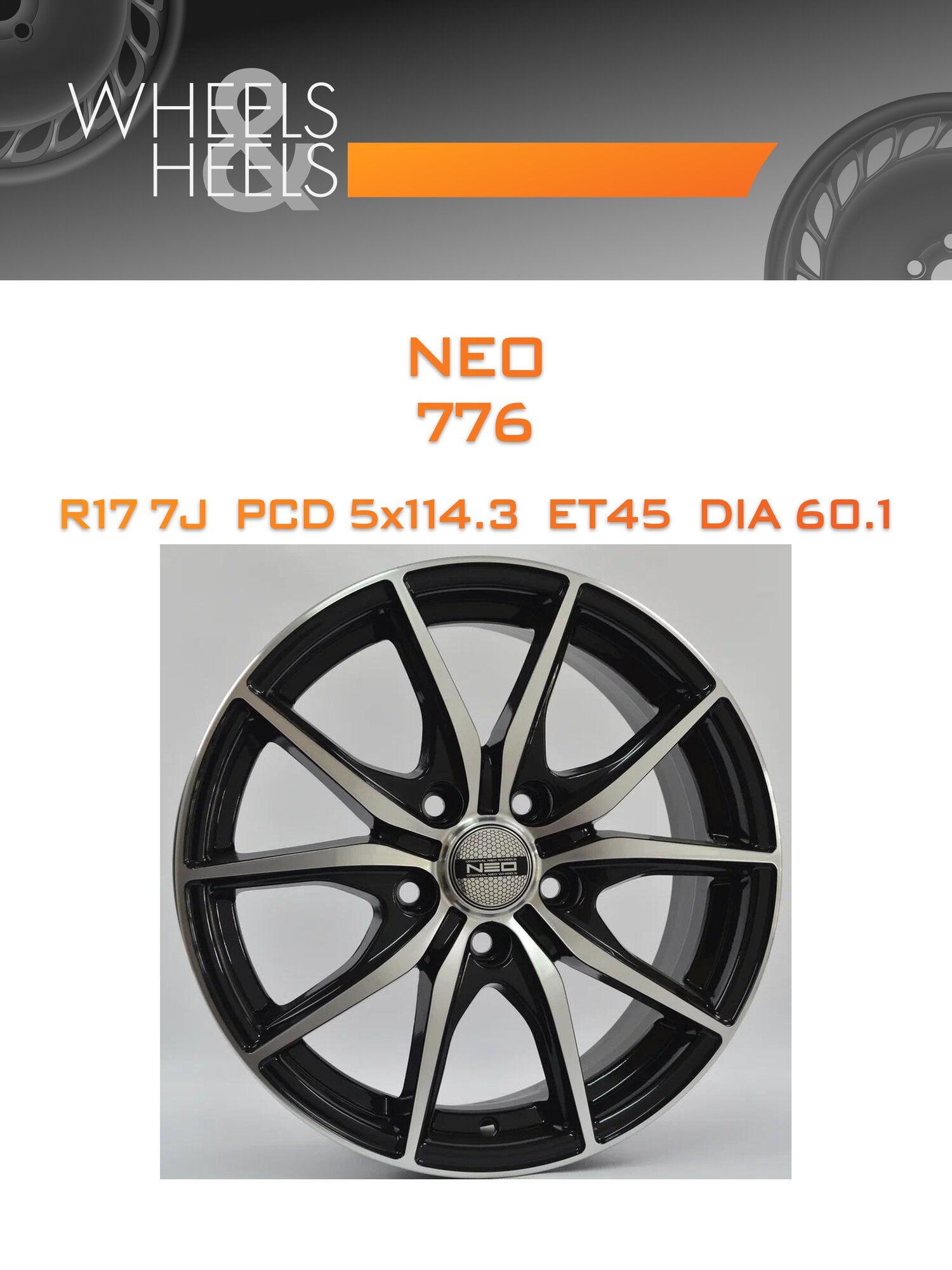Диск автомобильный литой NEO 776 17x7 5x114.3 et45 dia60.1 Чёрный с полированной лицевой частью