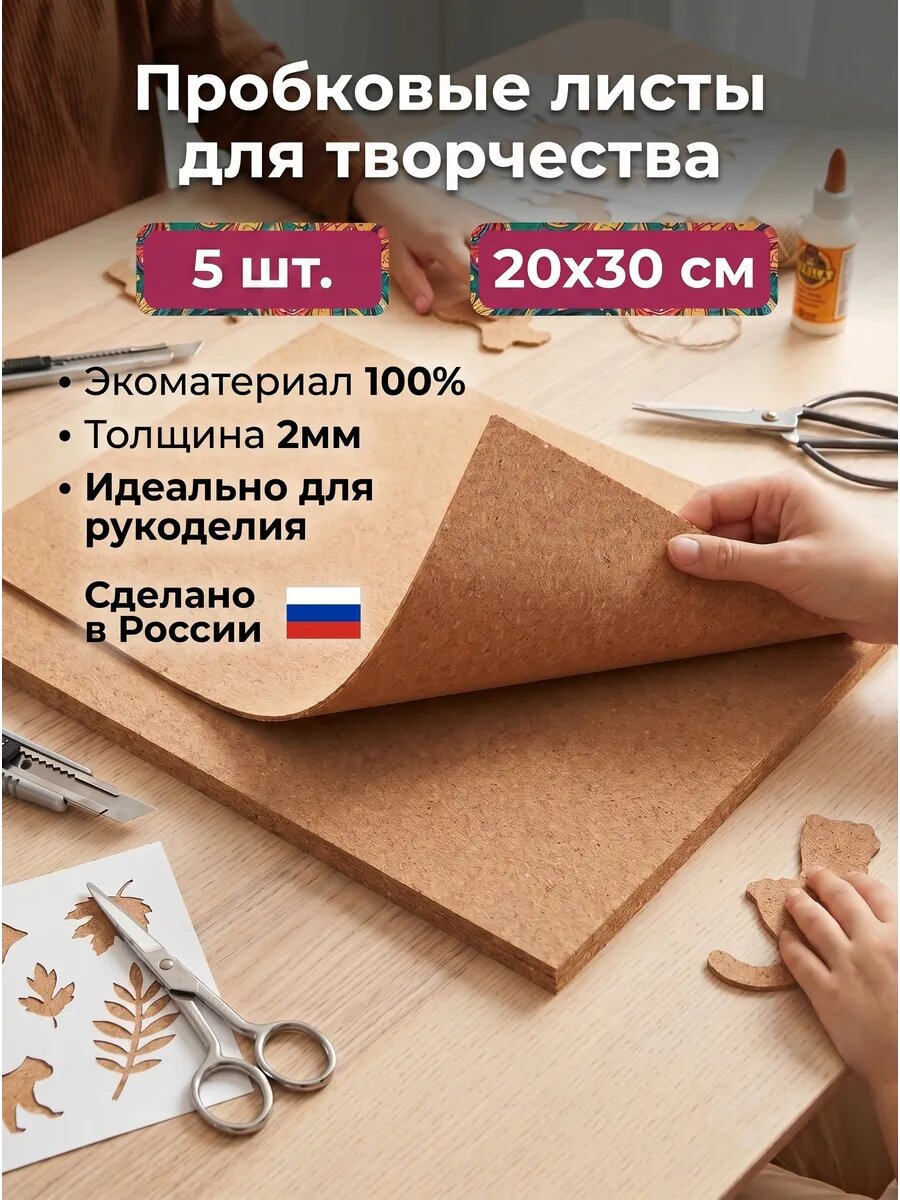 Пробковая подложка, 2 мм, 5 листов 20х30 см