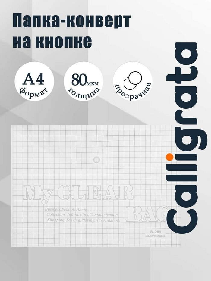 Папка-конверт на кнопке, А4, 80 мкм, Клетка , прозрачная