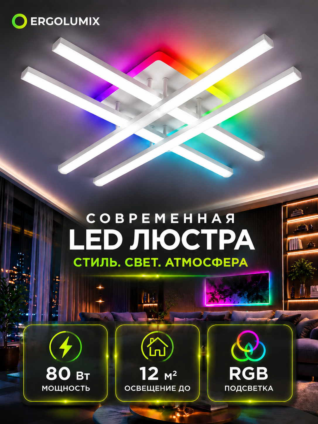 Потолочная люстра светодиодная с пультом и RGB-подсветкой в детскую, в спальню, в прихожую 80 Вт.