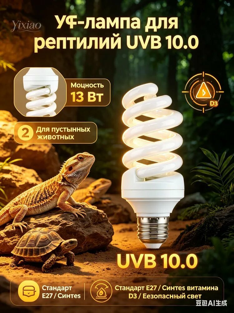 Ультрафиолетовая лампа для рептилий UVB 10.0, 13 Вт - УФ-лампа E27 для черепах, агам и ящериц, лампочка для террариум