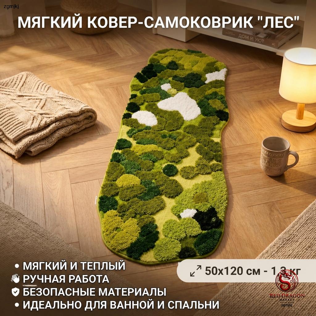 Ковер-мох 3D с длинным ворсом, зеленый, TPR-основа, 50x120 см