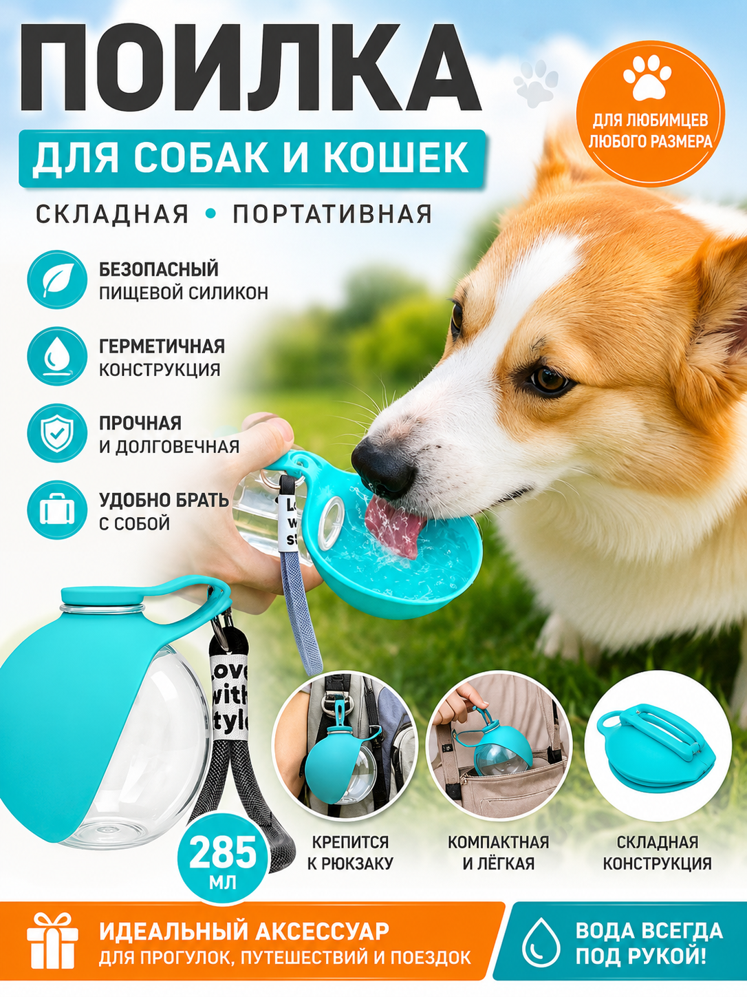 Поилка для собак и кошек складная силиконовая дорожная бутылка для воды, портативная поилка для прогулок и путешествий