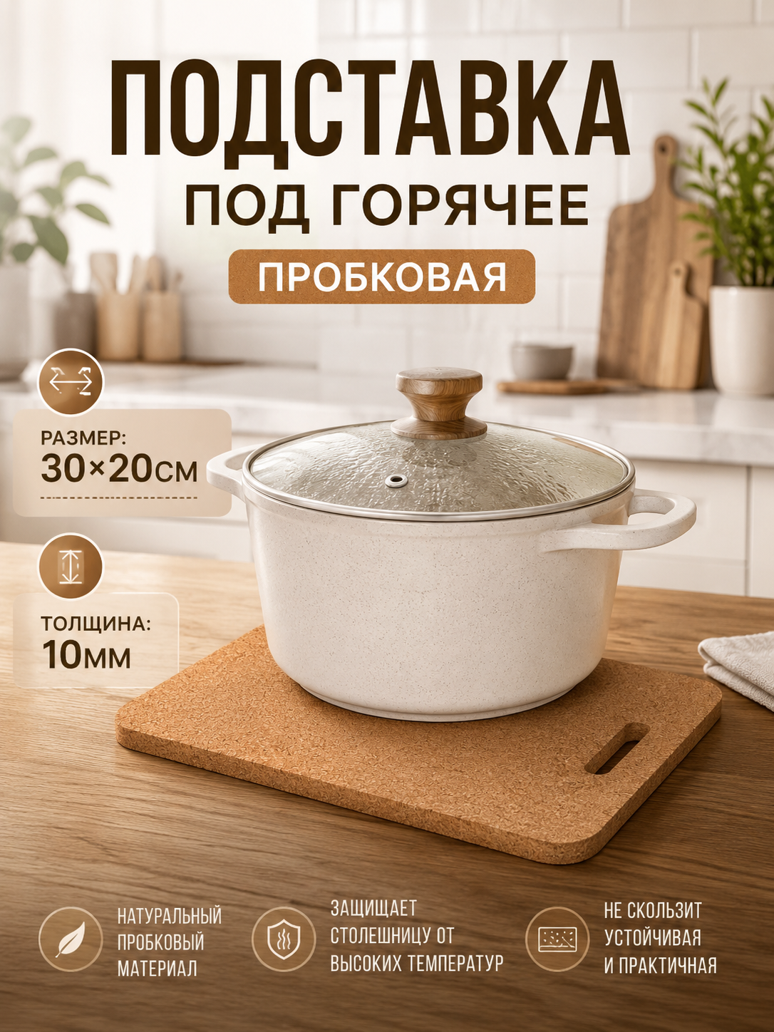 Подставка под горячее пробковая 20х30 см в виде разделочной доски 1 шт.