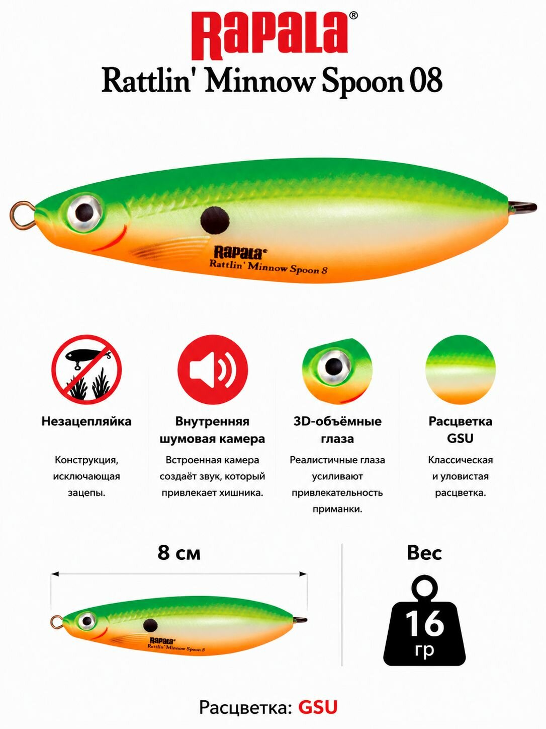 Блесна колебалка незацепляйка RAPALA Rattlin' Minnow Spoon 08 /GSU / 8см, 16гр. приманка с шумовой камерой ++
