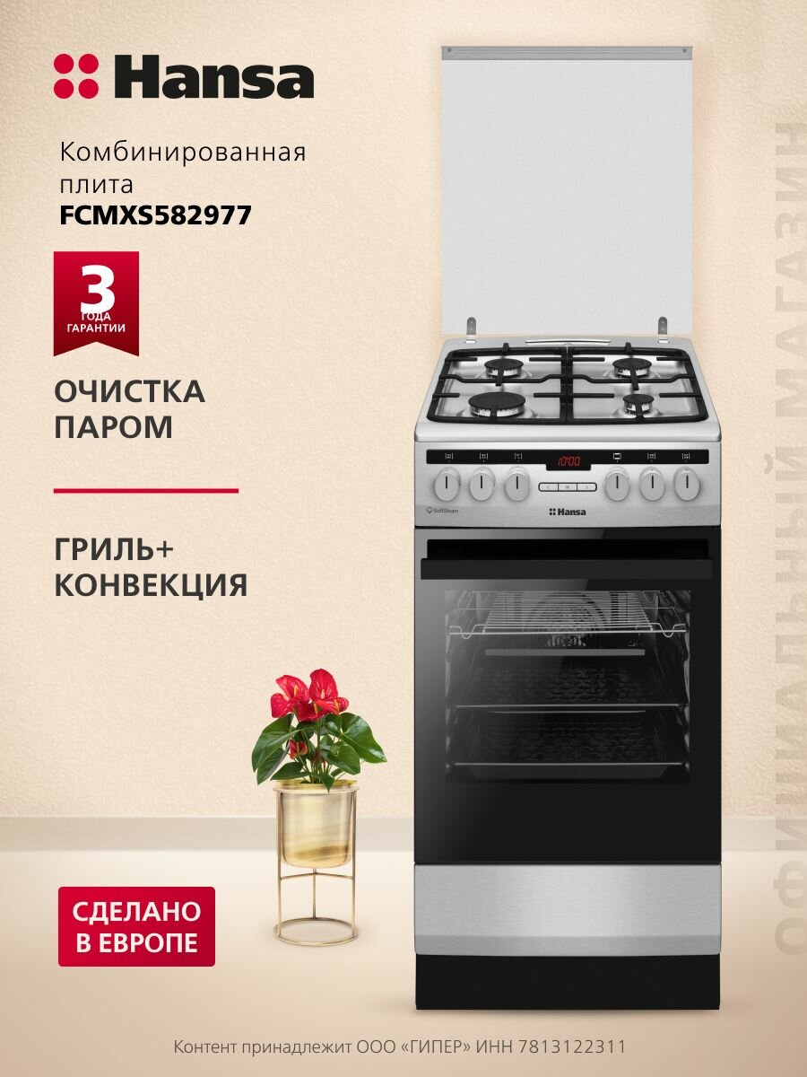 Газовая плита с духовкой электрической Hansa FCMXS582977, 50 см, с грилем и конвекцией, 10 режимов нагрева, автоподжиг, таймер, очистка паром