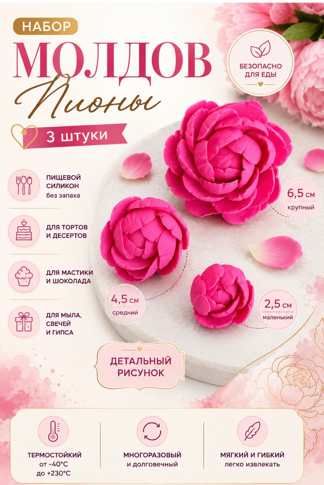Набор силиконовых форм Пионы , 3 штуки