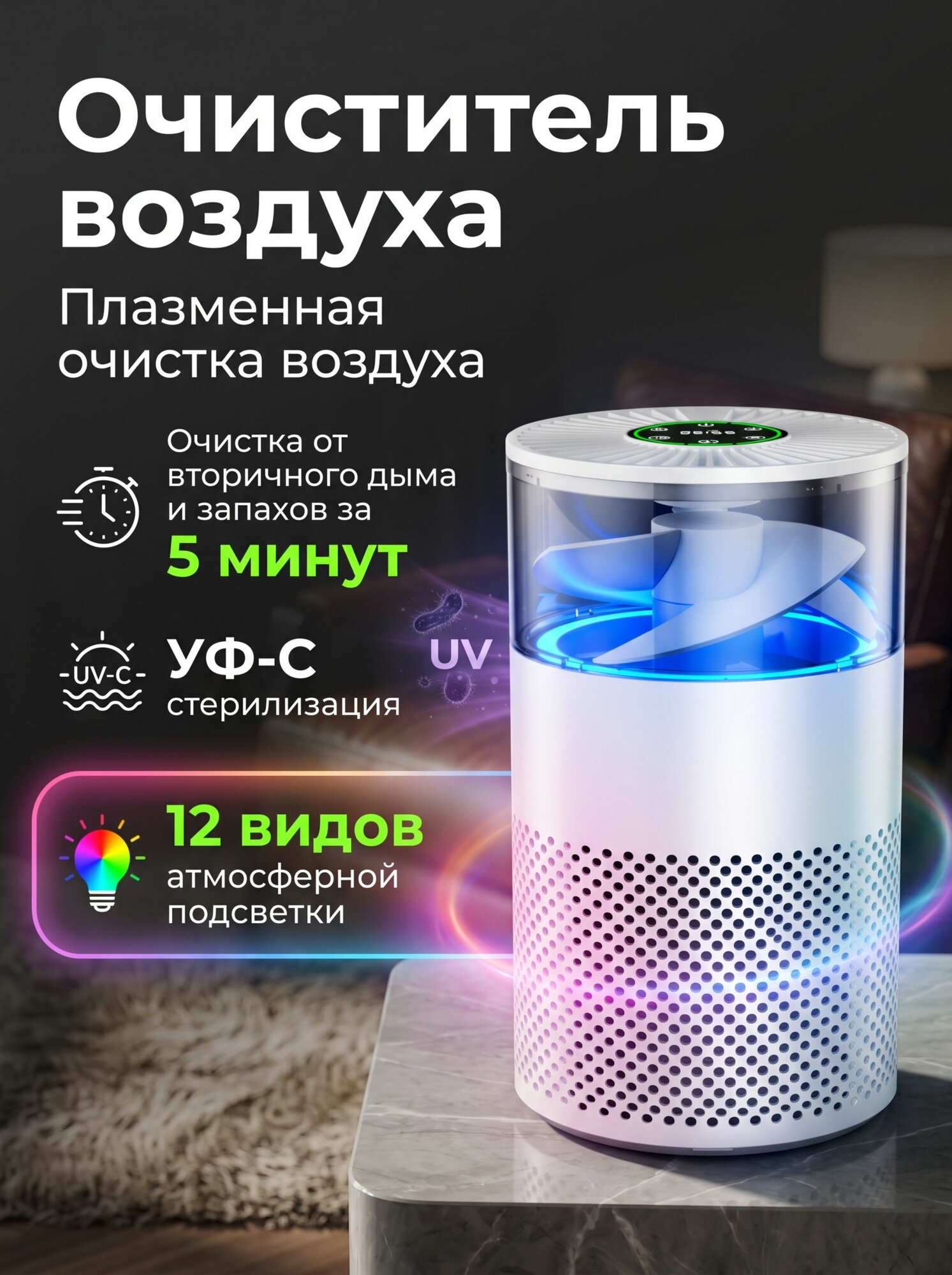 Очиститель воздуха для дома 70 кв. м, HEPA-фильтр, ионизация, с визуальной подсветкой. от пыли и шерсти