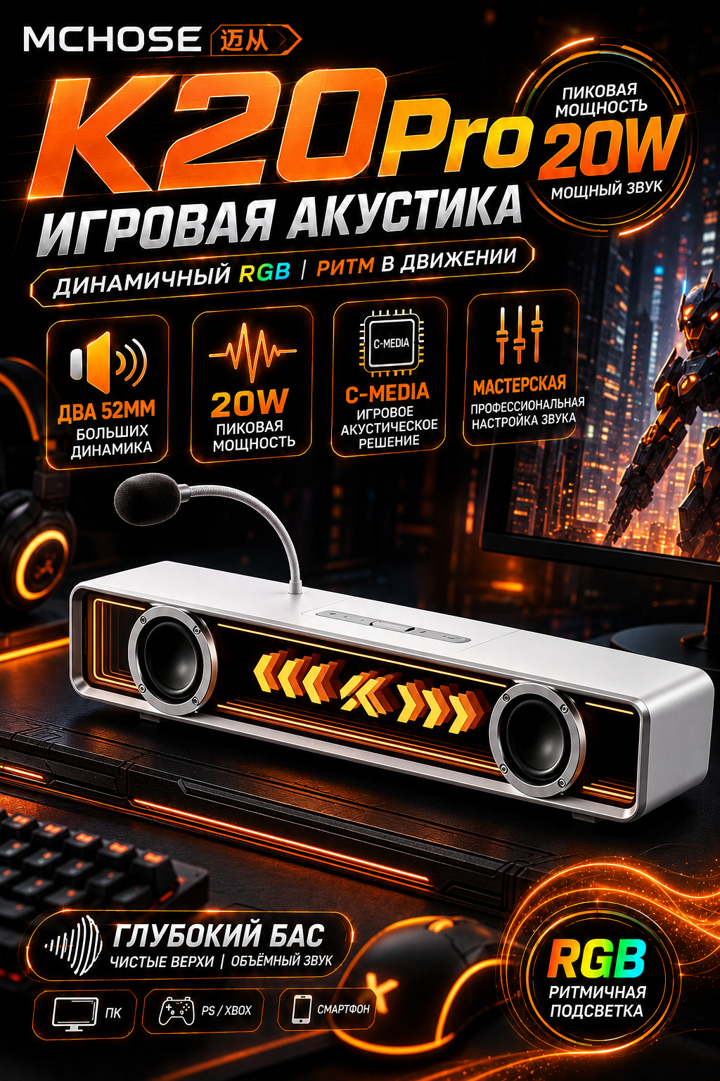 Игровая колонка MCHOSE K20 PRO, съемный микрофон, проводная, Bluetooth, объемный звук 7.1