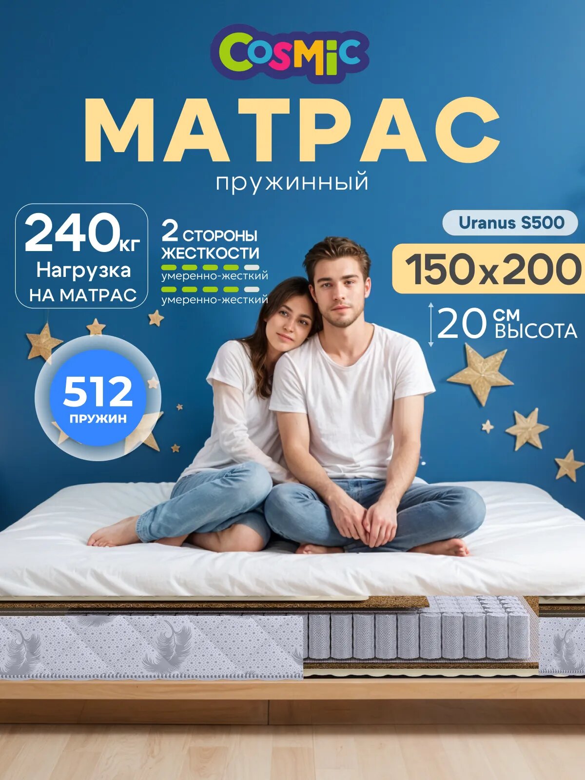 Матрас Cosmic Uranus 150x200 см, пружинный, умеренно-жесткий, высота 21 см, анатомическая поддержка