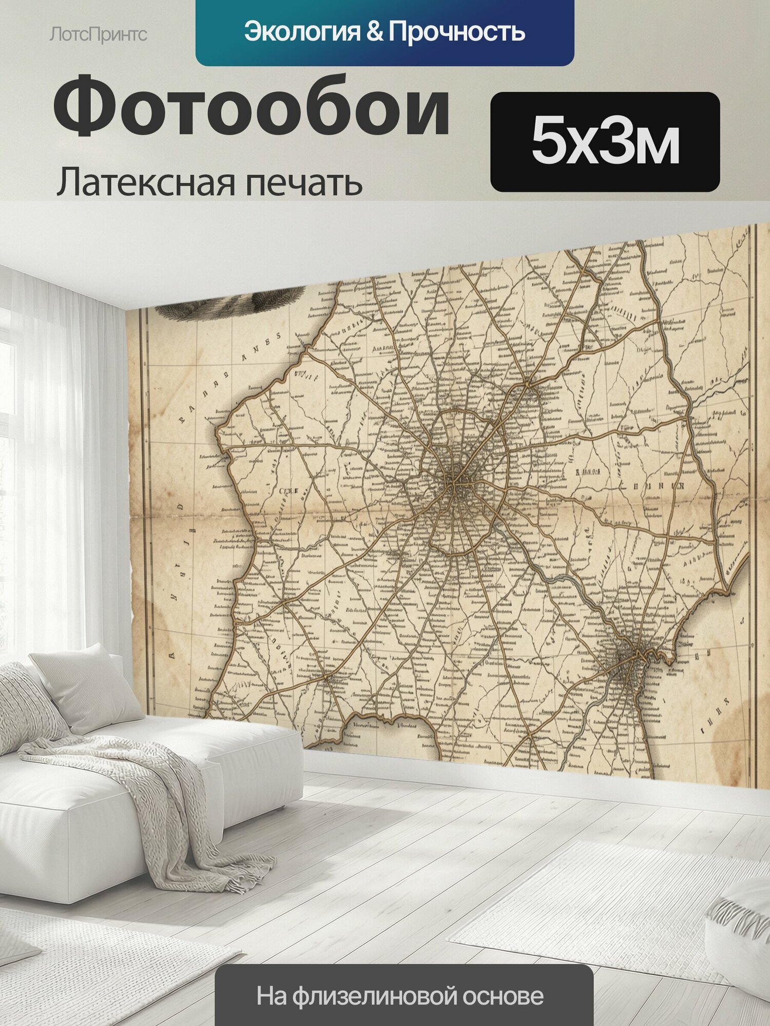 Фотообои моющиеся ударопрочные "Старинная карта с виньеткой дома. Антикварная географическая схема в сепии с подробной сетью дорог, границ и." 500x300 см. латексная печать