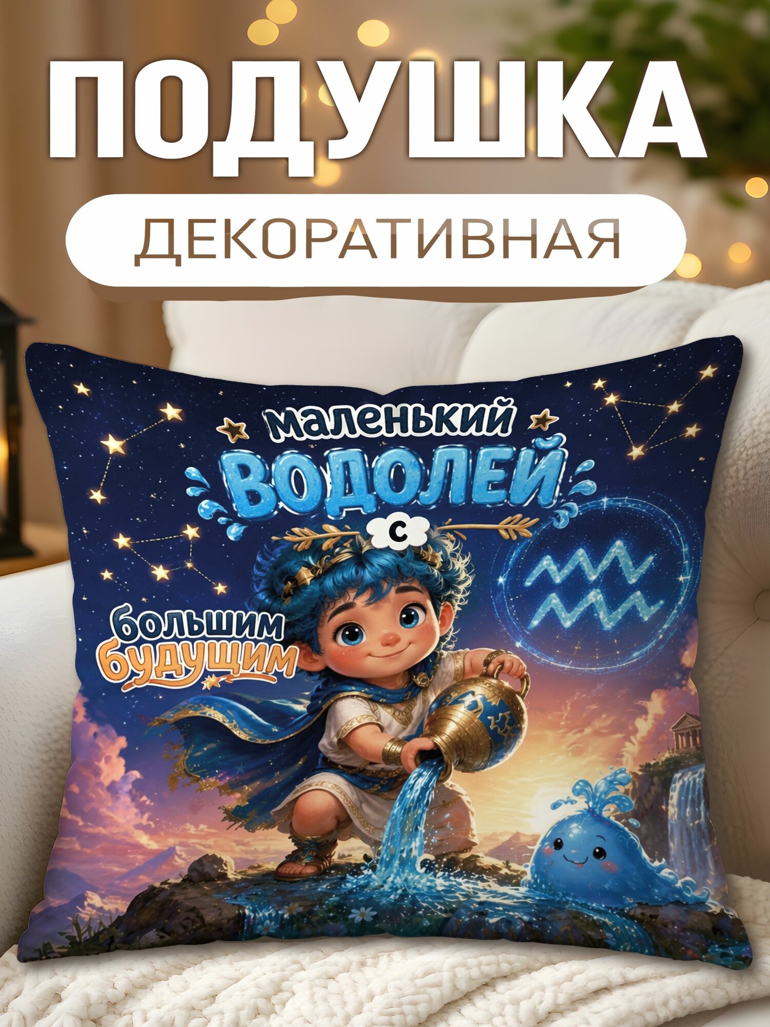 Подушка декоративная водолей, чехол Габардин, размеры 40 х 40 см, 1 шт.